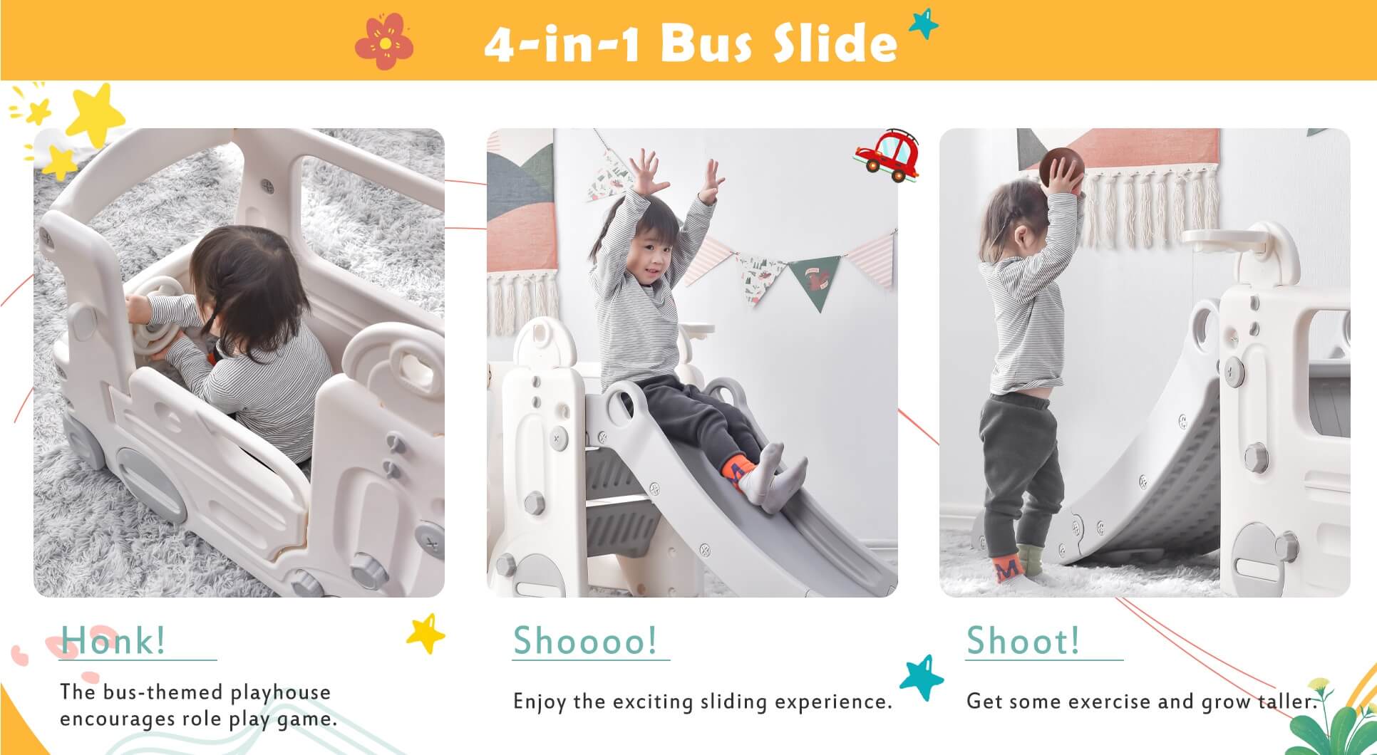 Indoor Slide For Kids 4 In 1 Bus Slide For Toddlers