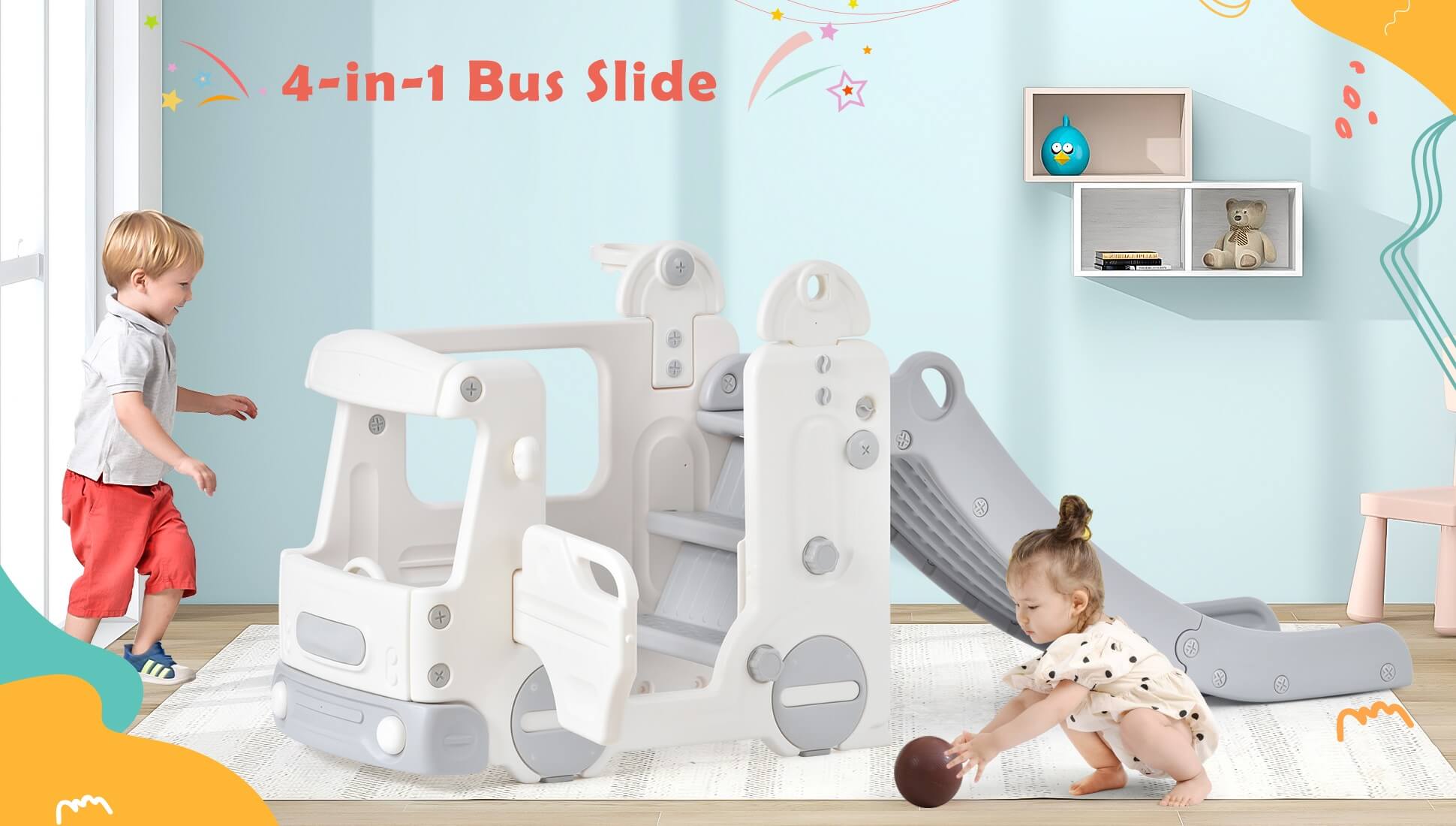 Indoor Slide For Kids 4 In 1 Bus Slide For Toddlers